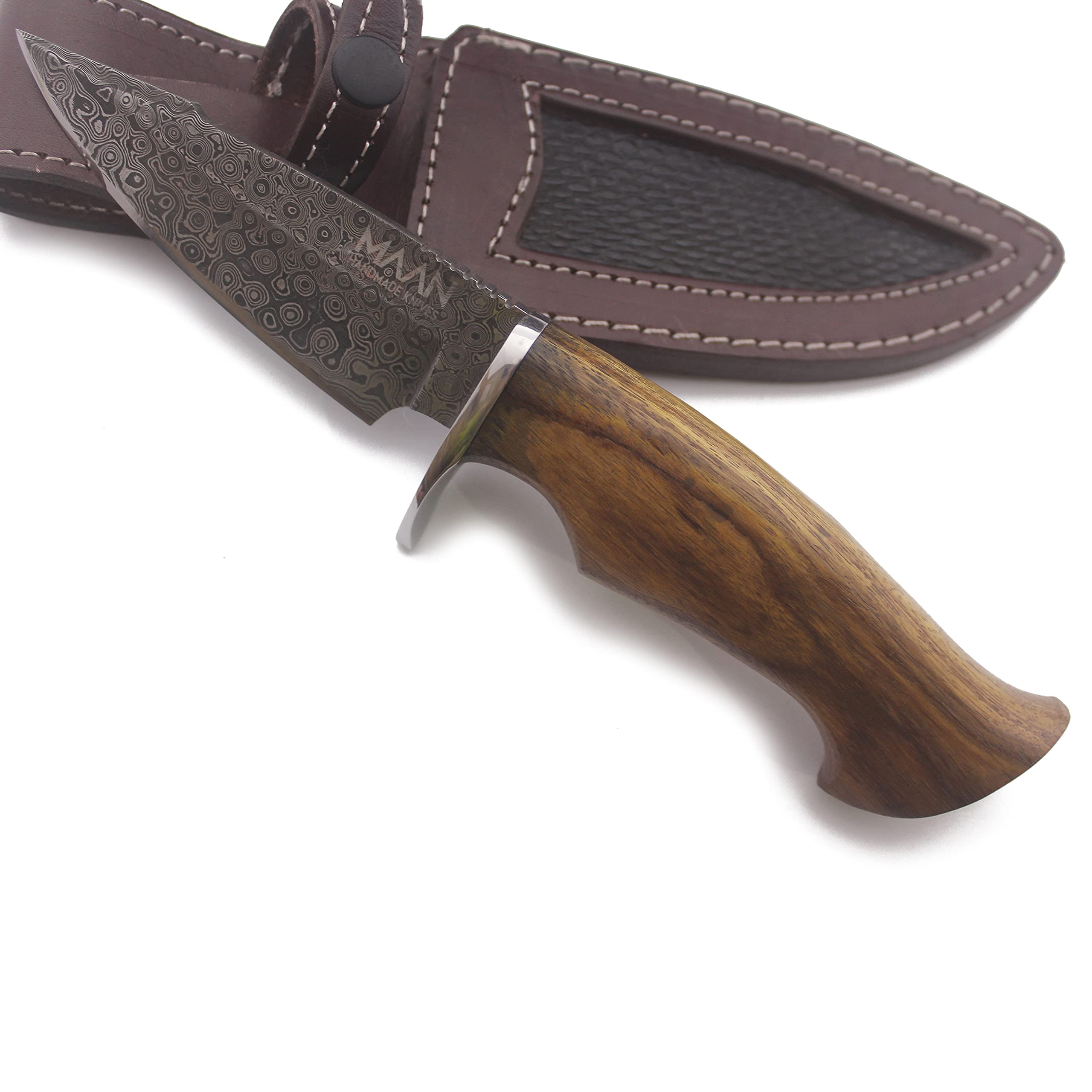 MAAN Handmade damascus knife hunting knife camp knife fixed blade knife with Right Hand Vertical Tip Down Leather Sheath MNK 105B