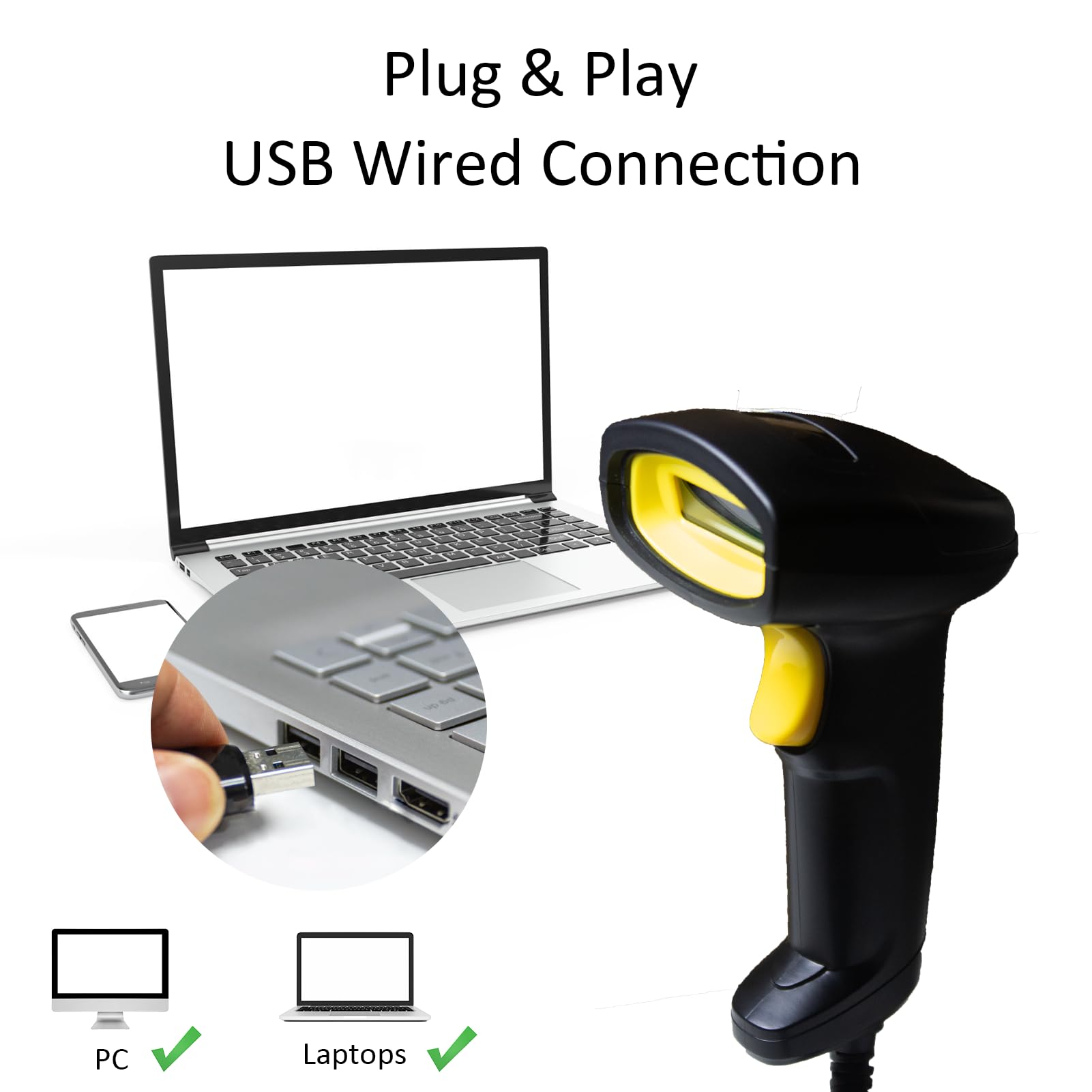 WODEMAX 1D 2D Barcode Scanner Wireless and Wired Handheld Barcode Scanner Compact Plug and Play Model Automatic Fast and Precise scanning Suitable for Warehouses, supermarkets, Libraries, etc
