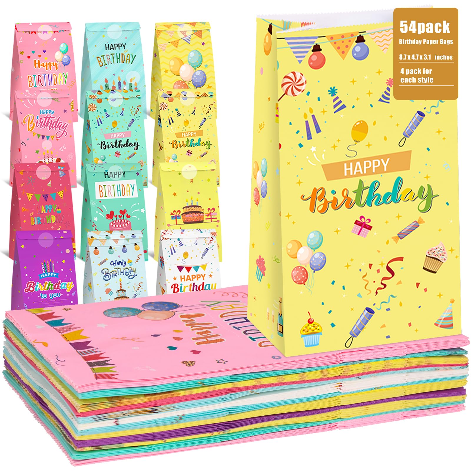 Shindel Party Favor Bags, 54PCS Happy Birthday Treat Bags, Birthday Bags For Kids, 4.7" x 3.1" x 8.7" 12 Designs Colored Paper Bags Goodie Bags for Birthday Party Kids