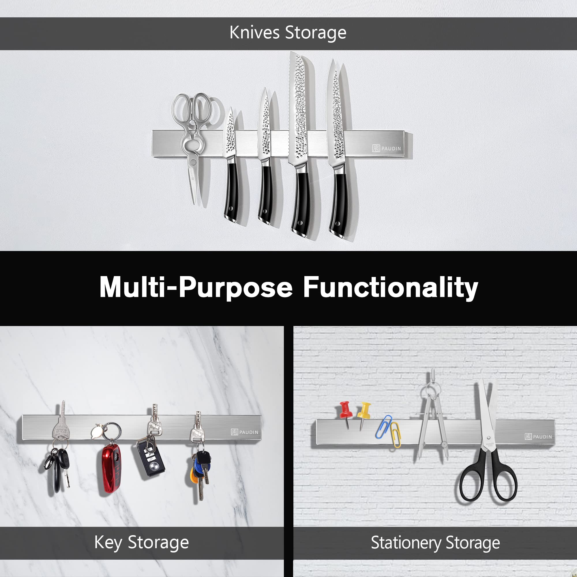 Paudin 17.7 Inch Stainless Steel Magnetic Knife Bar-Use as Knife Holder for Wall, Knife Rack, Knife Strip, Kitchen Utensil Holder and Tool Holder/Storage