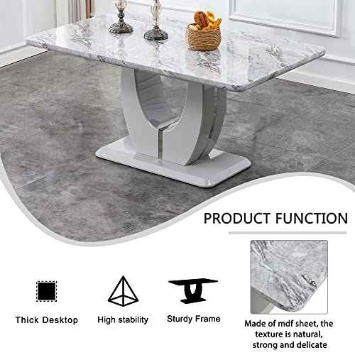 Pvillez Contemporary Dining Table for 6-8, High Gloss Kitchen Dining Room Table with Faux Marble Top and U Shape Wood Pedestal Base, 63" Rectangular Dining Table for Dining Room Kitchen Living Room