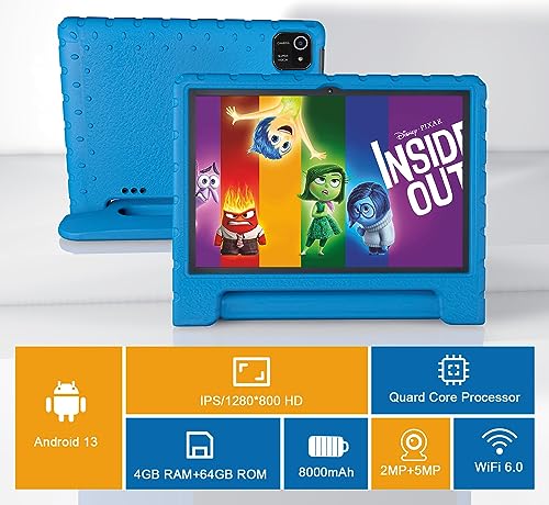NOBKLEN Kids Tablet 10 Inch, Android 13, 4GB+64GB, 8-Core CPU, WiFi 6, 12H Battery Life, Parental Control, 1280 * 800 HD Display, Dual