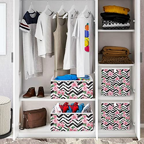 visesunny Rectangular Shelf Basket Tropical Pink Flamingo Flower Wavy Stripe Clothing Storage Bins Closet Bin with Handles Foldable Rectangle Storage Baskets Fabric Containers Boxes for Clothes,Books,