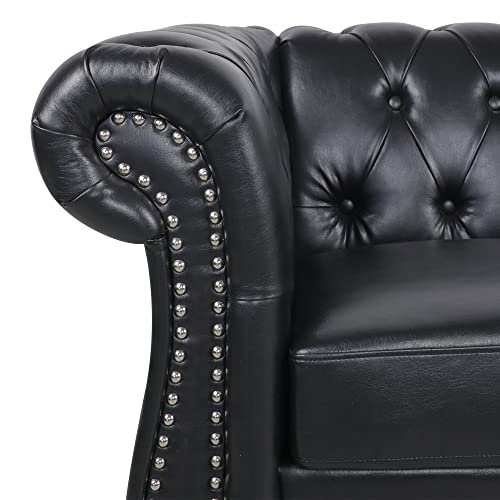 wirrytor Chesterfield Classic Sofa, Modern Leather 3 Seater Sofa, Upholstered Tufted Back Settee Couch with Rolled Arms Nailhead Trim for Living Room Bedroom(Black)