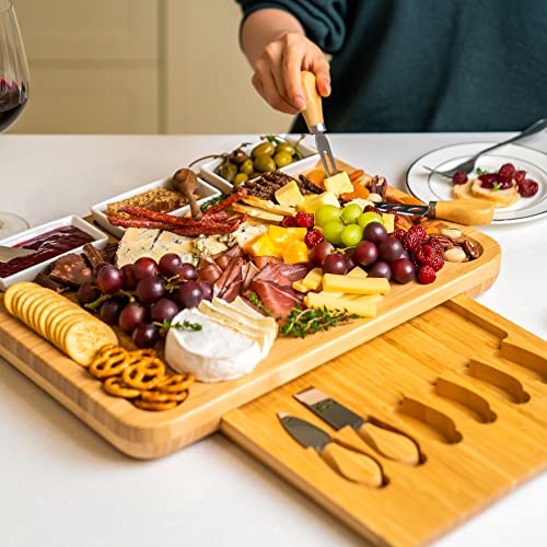 TMD Cheese Board and Knife Set β Cheese Board Set with 3 Ramekins β Beautiful Charcuterie Boards - Superb House Warming Gifts, New Home, Anniversary & Wedding Gifts for couples, Bridal Shower Gifts