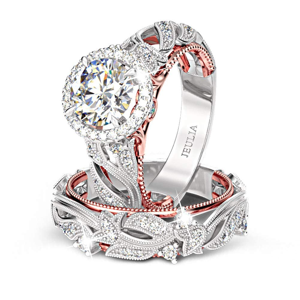 Jeulia 4 Carat Leaf Rings for Women 925 Sterling Silver 18 K Rose Gold Plated Round Cut Engagement Ring Set White Diamond Halo Cubic Zirconia Wedding band CZ Solitaire Anniversary Promise Rings (9)