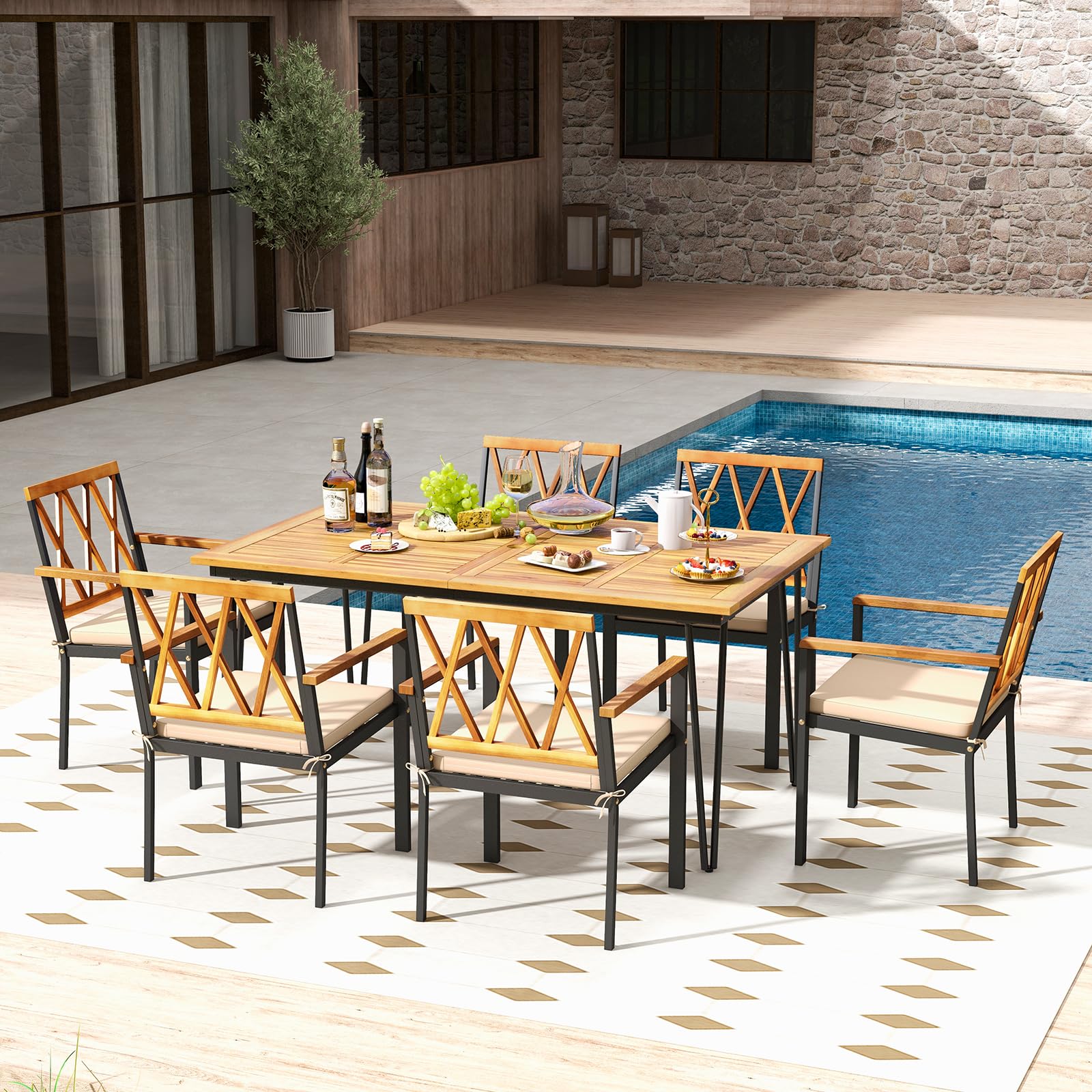 Tangkula 7-Piece Patio Dining Set, Acacia Wood Outdoor Furniture Set with 2β Umbrella Hole and Seat Cushions, Rectangular Dining Table and 6 Chairs Set for Patio Garden Poolside Backyard