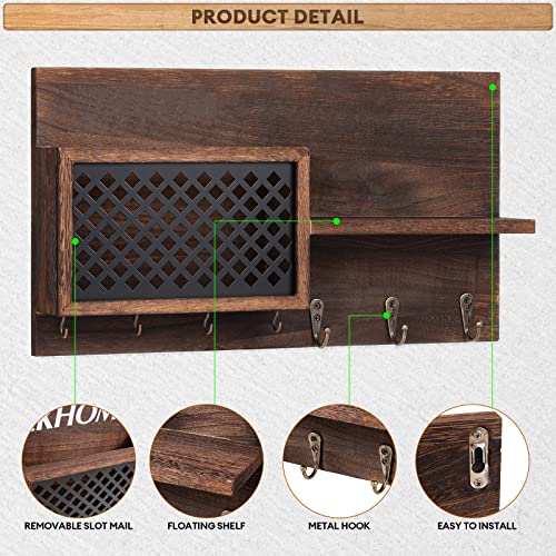Wooden Key and Mail Holder for Wall Decorative-with 7 Key Hooks and A Floating Shelf Includes Letter Holder and Hooks for Coats, Dog Leashes β Rustic Home Decor for Entryway or Mudroom,Kitchen,Office