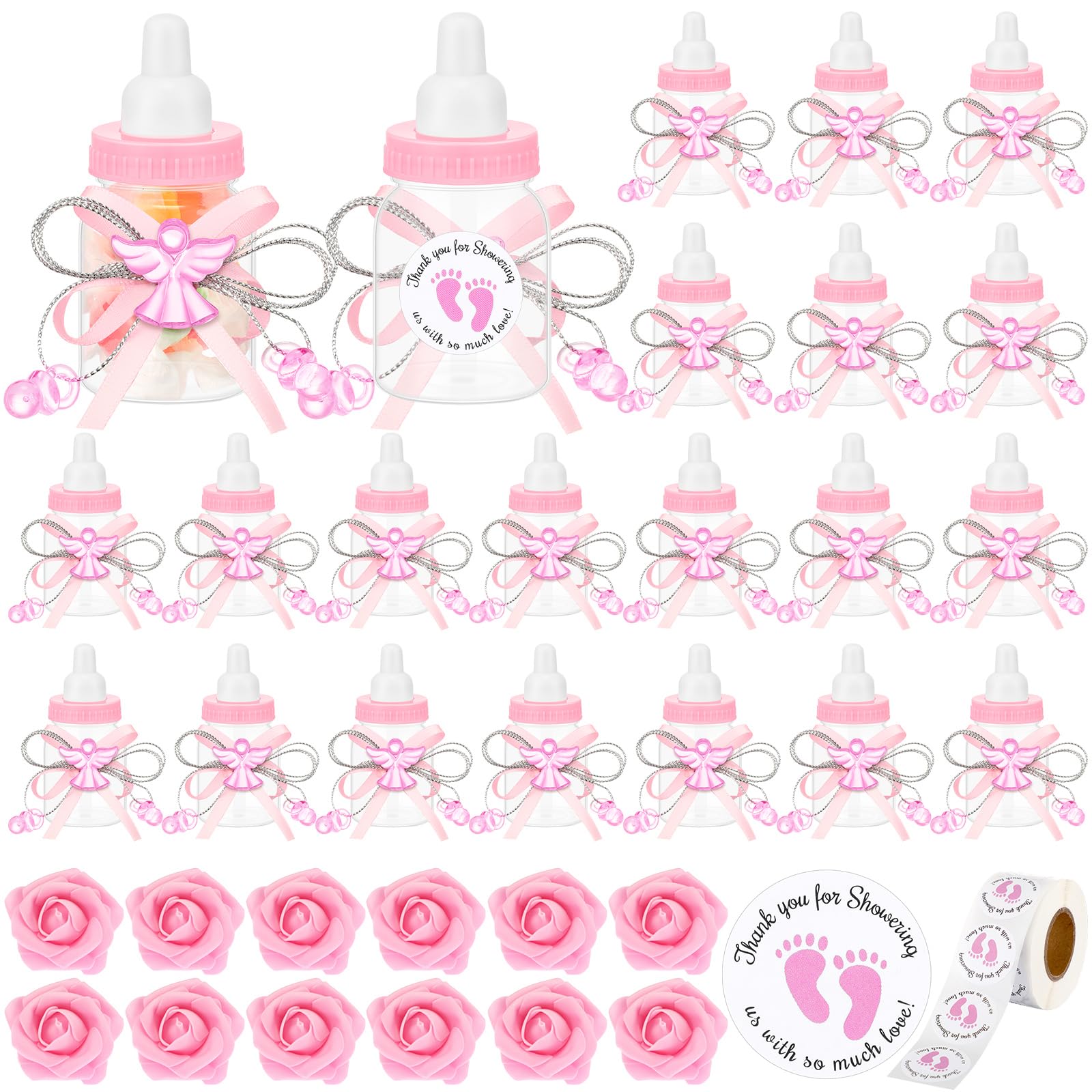 Vesici 61 Pcs Baby Shower Party Favors Set, 48 Mini Angel Milk Bottles 1 Roll Thanks Sticker 12 Artificial Roses for Newborn Baptism Party(Pink)