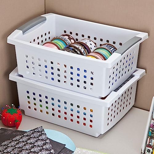 Sterilite Medium Sized Stackable Storage Bin and Organization Basket with Flip Down Accent Rails for Home and Household Organization, White (30 Pack)