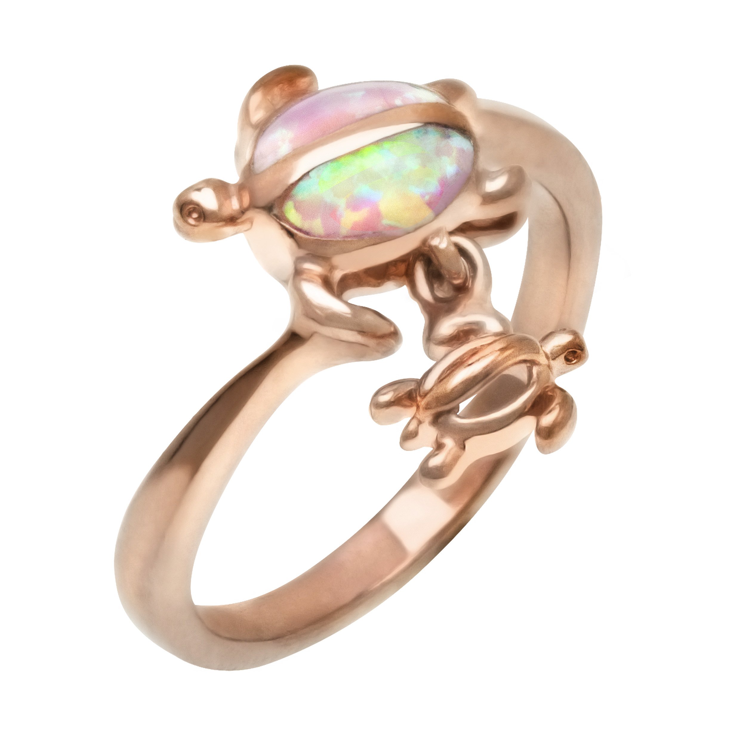 Honolulu Jewelry Company Rose Gold Plated Sterling Silver Mom and Baby Turtle with Simulated Pink Opal Ring, Size 8