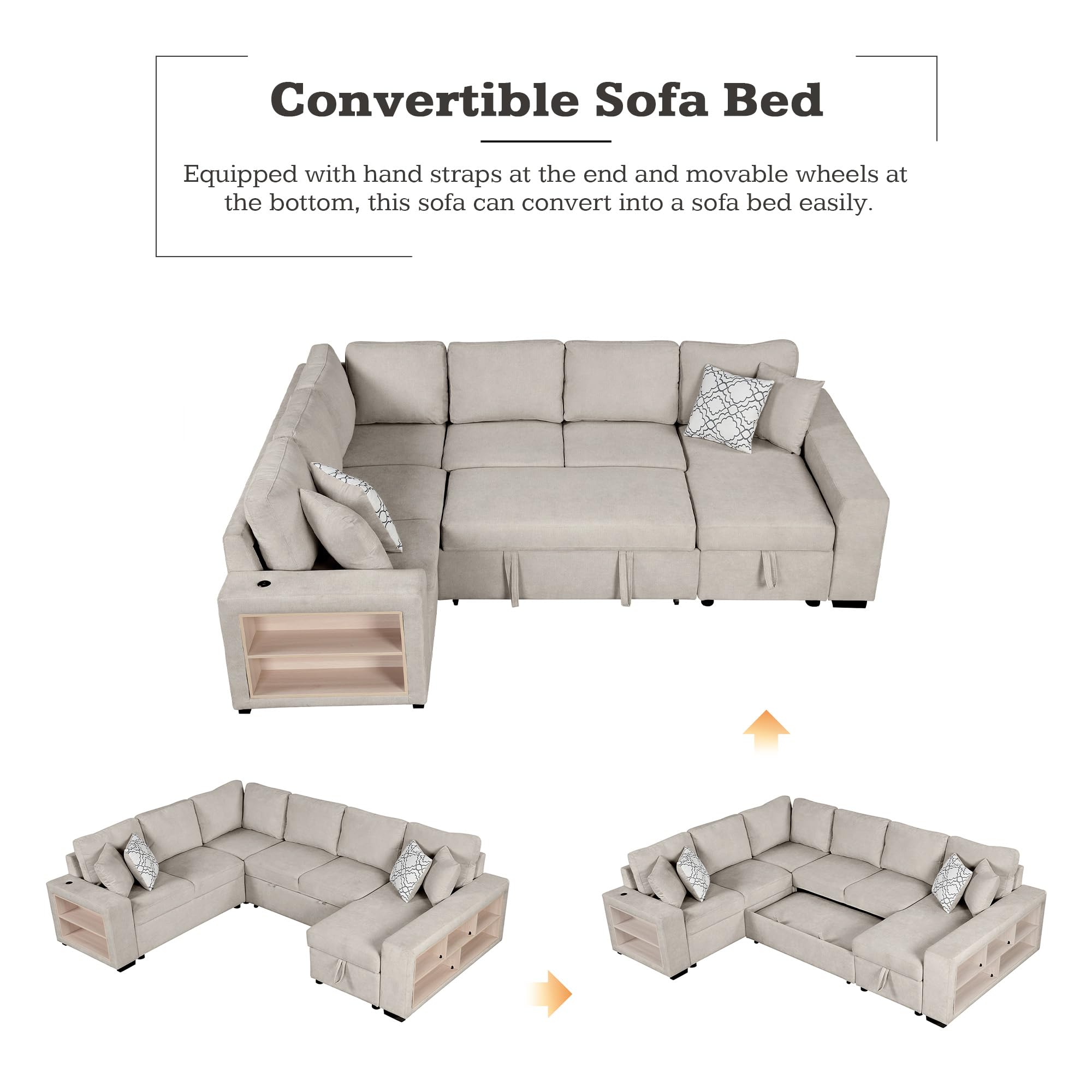 Taiweny U Shaped Oversized Sectional Sofa Couch with Cabinet, 109" 7 Seat Sectional Sleeper Sofa Bed with Storage Chaise & USB, Modular Sectional Sleeper Sofa with Pull Out Bed for Living Room Beige