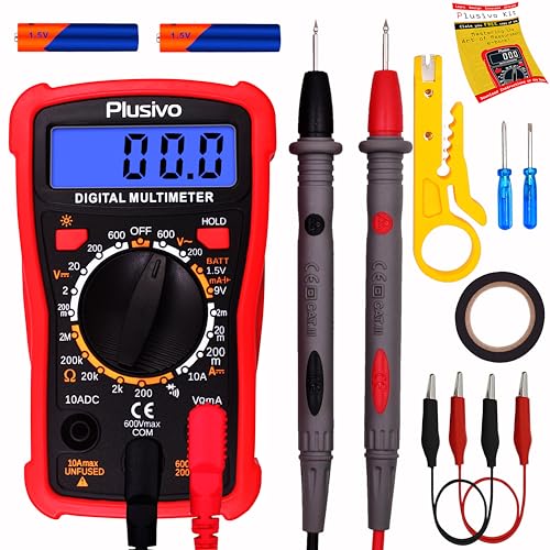 Plusivo Digital Multimeter Tester 2000 Counts AC DC Voltmeter Ohm Volt Amp Multi Meter Measures Voltage, Resistance, Current, Continuity, Tests Battery and Diode with Test Probes for Electricians