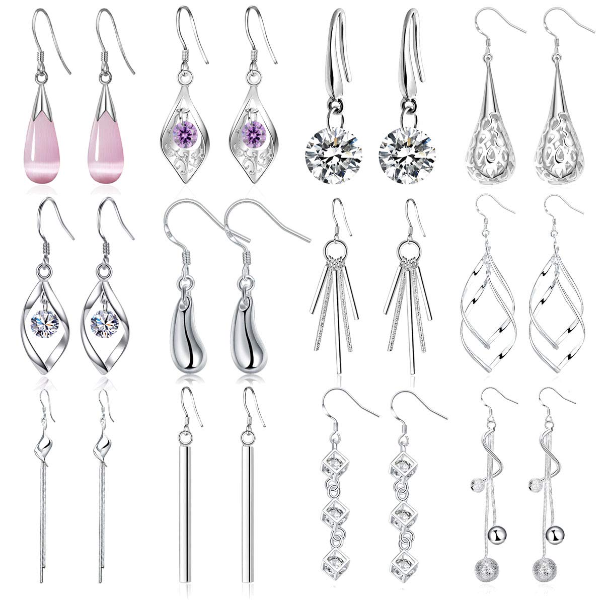 Jewdreamer 12 Pairs Classic Silver Plated Dangle Drop Earrings for Women Simple Long Thread Fashion Line Christmas Earring Set