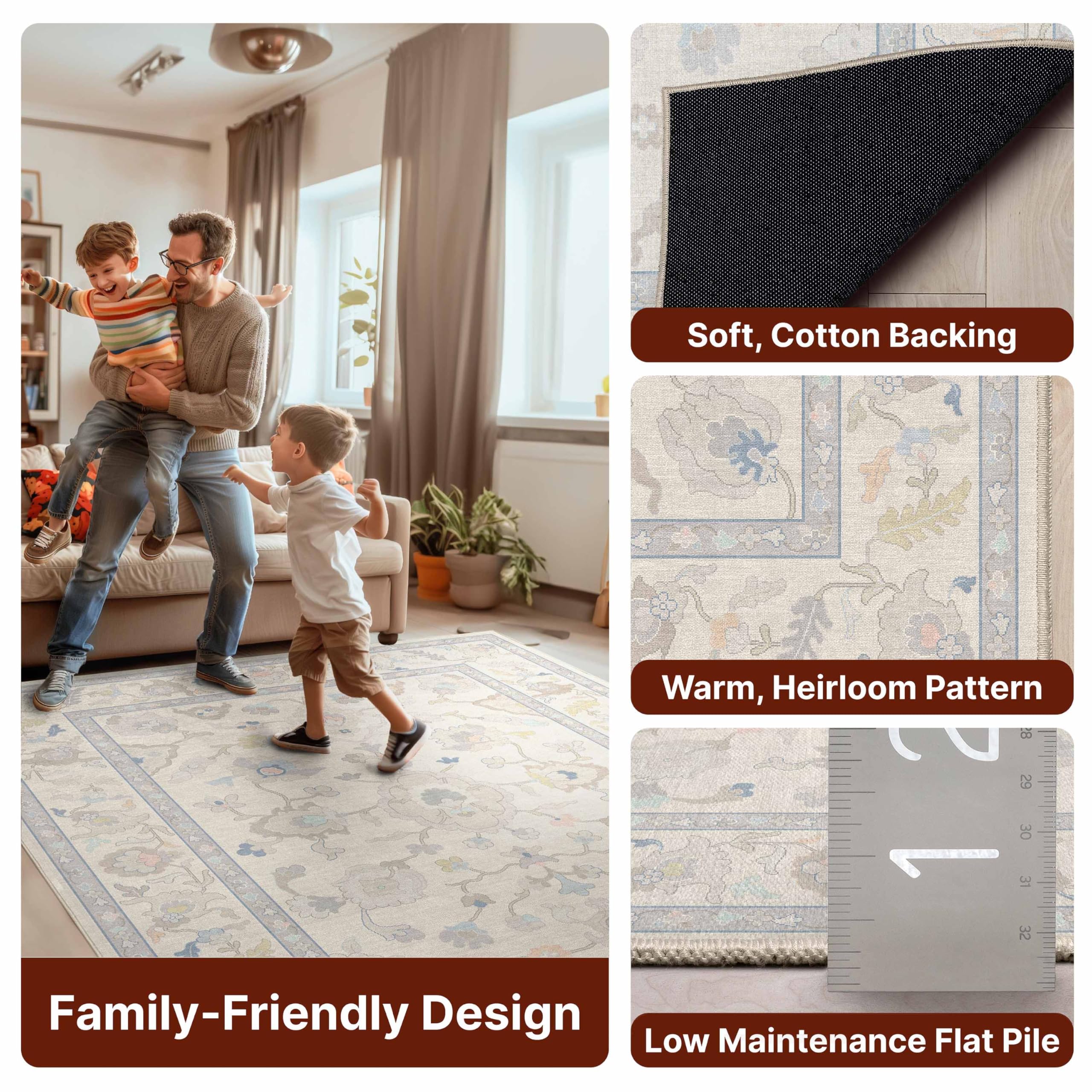 Well Woven Ushak Konya Cream 6' x 9' Area Rug for Large Living Room and Dining Room - Updated Traditional Boho Design, Easy Clean, Floor-Friendly Backing