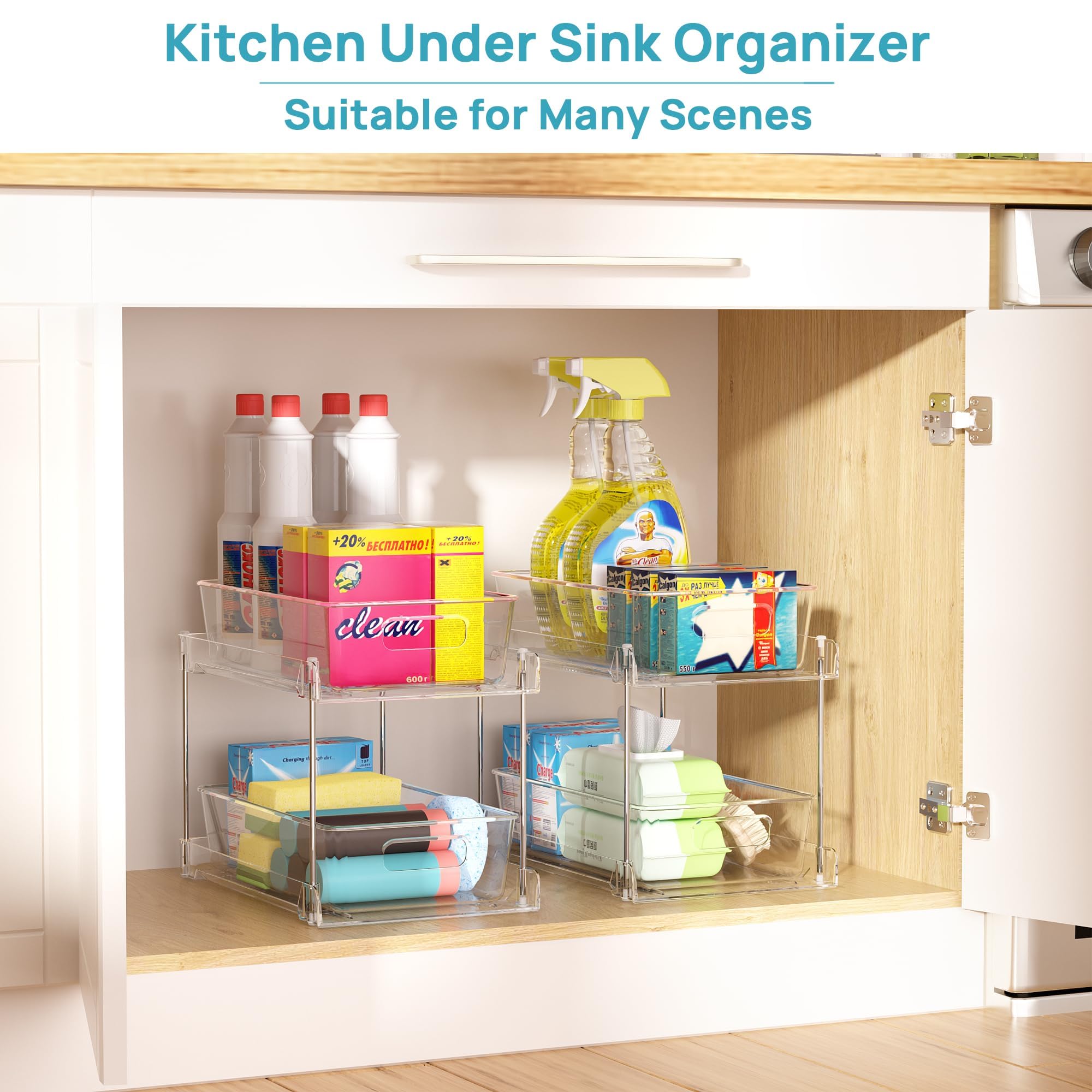 Vtopmart 4 Pack Bathroom Storage Organizer, 2 Tier Clear Under Sink Organizers Vanity Countertop Storage Container, Medicine Cabinet Drawers Bins, Pull-Out Organization with Track for Pantry, Kitchen