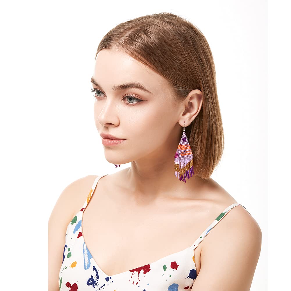 Luluping Beaded Tassel Earrings β Bohemian Native Statement Seed Bead Dangle Earrings for Women, Boho Statement Handmade Beaded Drop Fringe Earrings (Purple B)