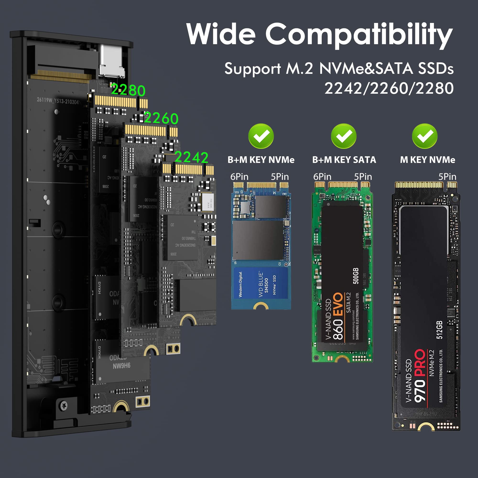 M.2 NVMe SSD Enclosure Adapter USB C 3.2 Gen 2 10Gbps M.2 NVMe to SATA Reader, Tool-Free 6Gbps SATA, RGB NVMe Enclosure Aluminum Case Support UASP Trim for PCIe M-Key(B+M Key) SSD Size 2242/2260/2280