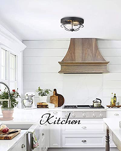 HWH INVESTMENT Flush Mount Ceiling Light Fixtures, 12 inch 2-Light Farmhouse Close to Ceiling Light Fixture with Seeded Glass Shade, Sand Black Finish, 5HTJ7-F BK