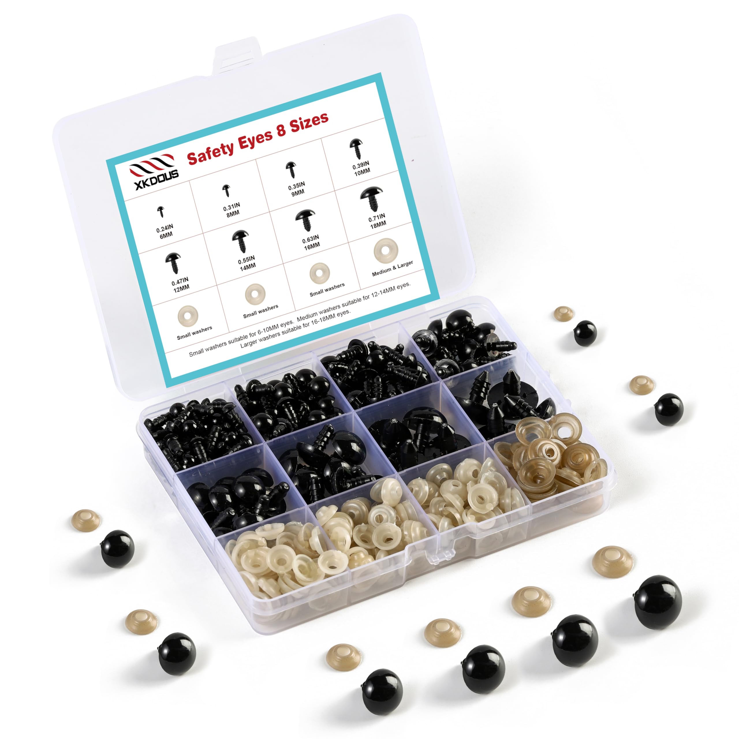 XKDOUS 260PCS Plastic Safety Eyes with Washers, 6-18 mm, 8 Sizes Safety Eyes for Crochet Crafts, DIY Crafts, Stuffed Animals
