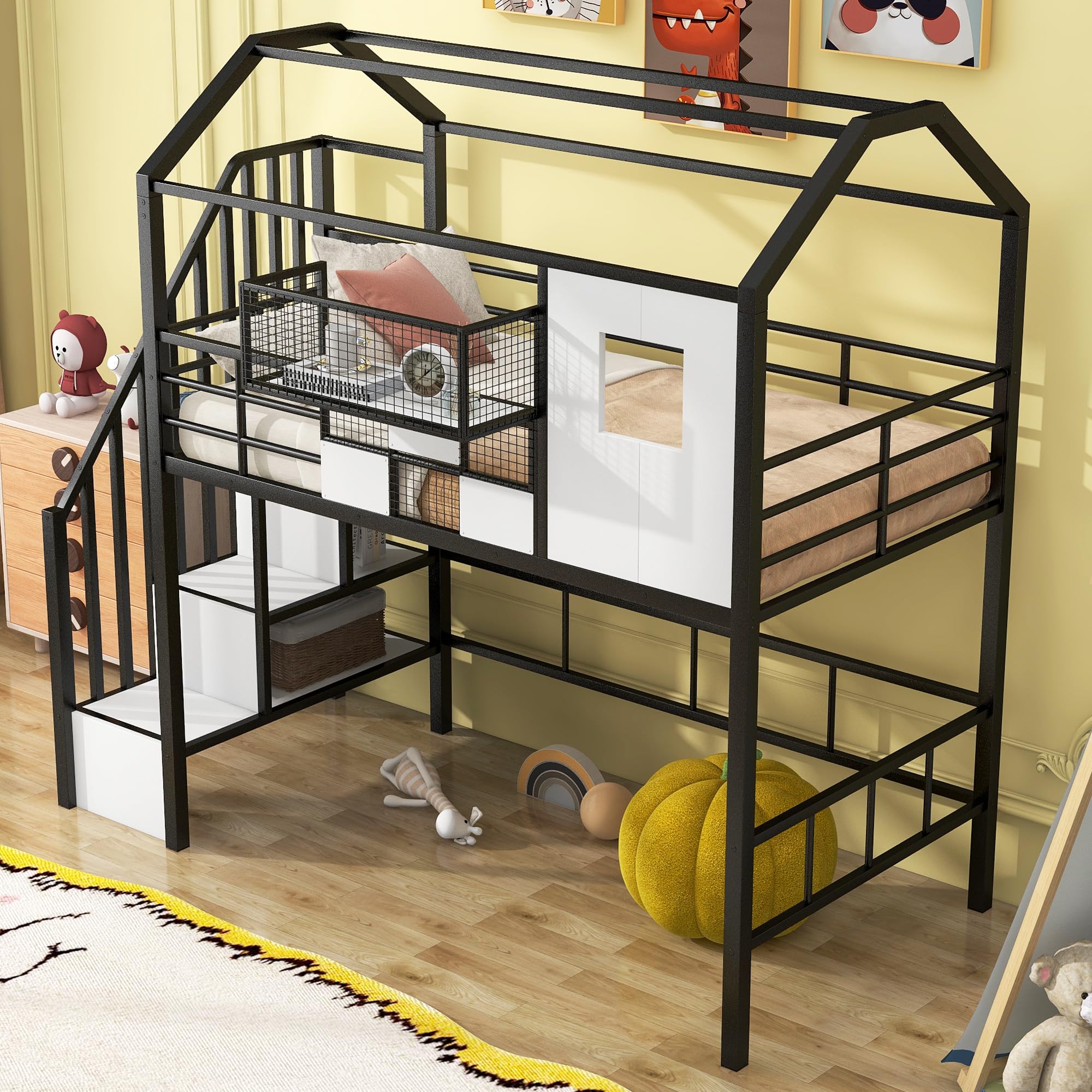THINK 30 Metal Loft Bed with roof Design and a Storage Box, Twin, Black