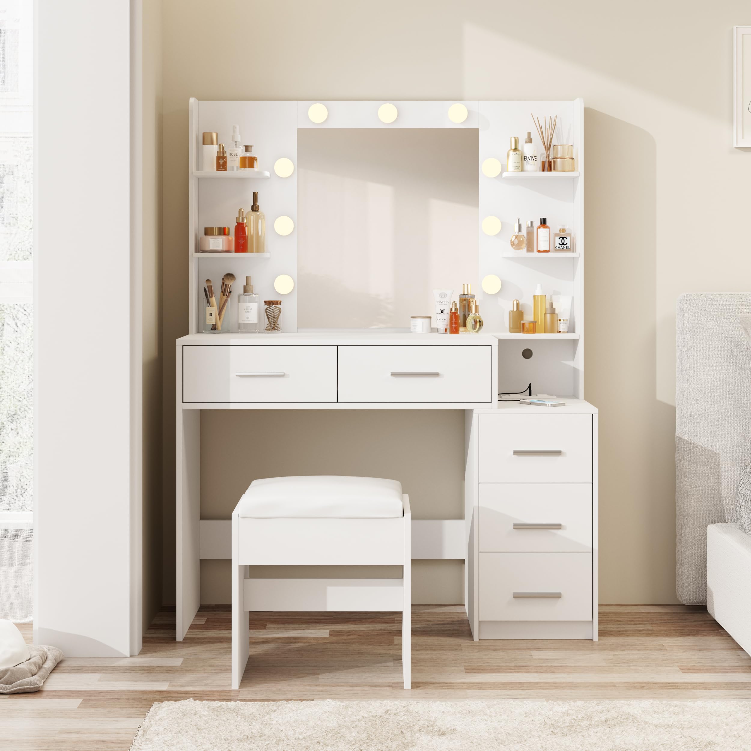 Vabches Makeup Vanity Desk with Mirror and Lights,Vanity Table with Large Drawers & Storage Shelves, Dressing Table Vanity Set
