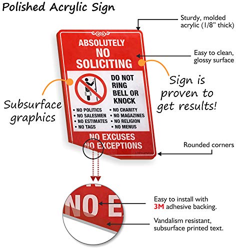 SmartSign “Absolutely No Soliciting, No Excuses, No Exceptions Do Not Ring Bell Or Knock” Sign | 6" x 9" Acrylic for Home/House, Front Door, Business
