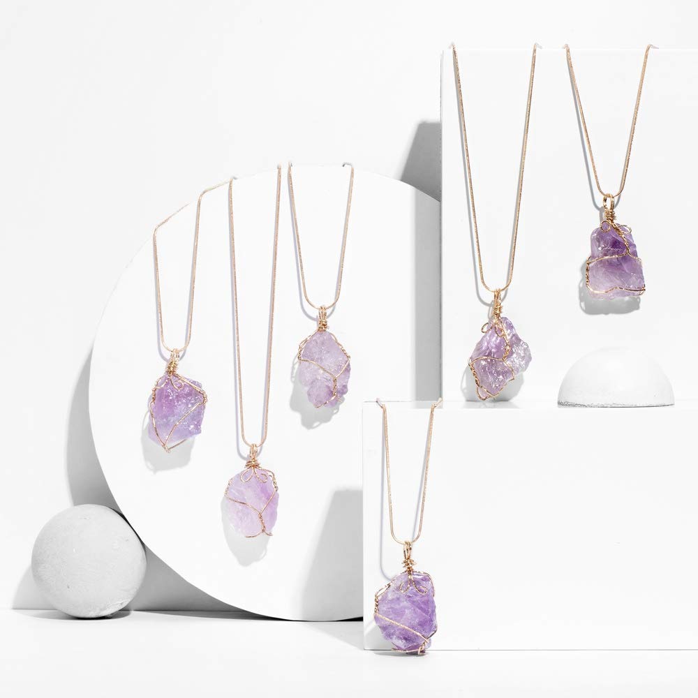 JUNHAN 3PCS Raw Irregular Crystal Pendant Necklace for Women Natural Tumbled Rock Quartz Wrapped Gold Wire Chakra Gemstone Jewelry with 2 Different Chains
