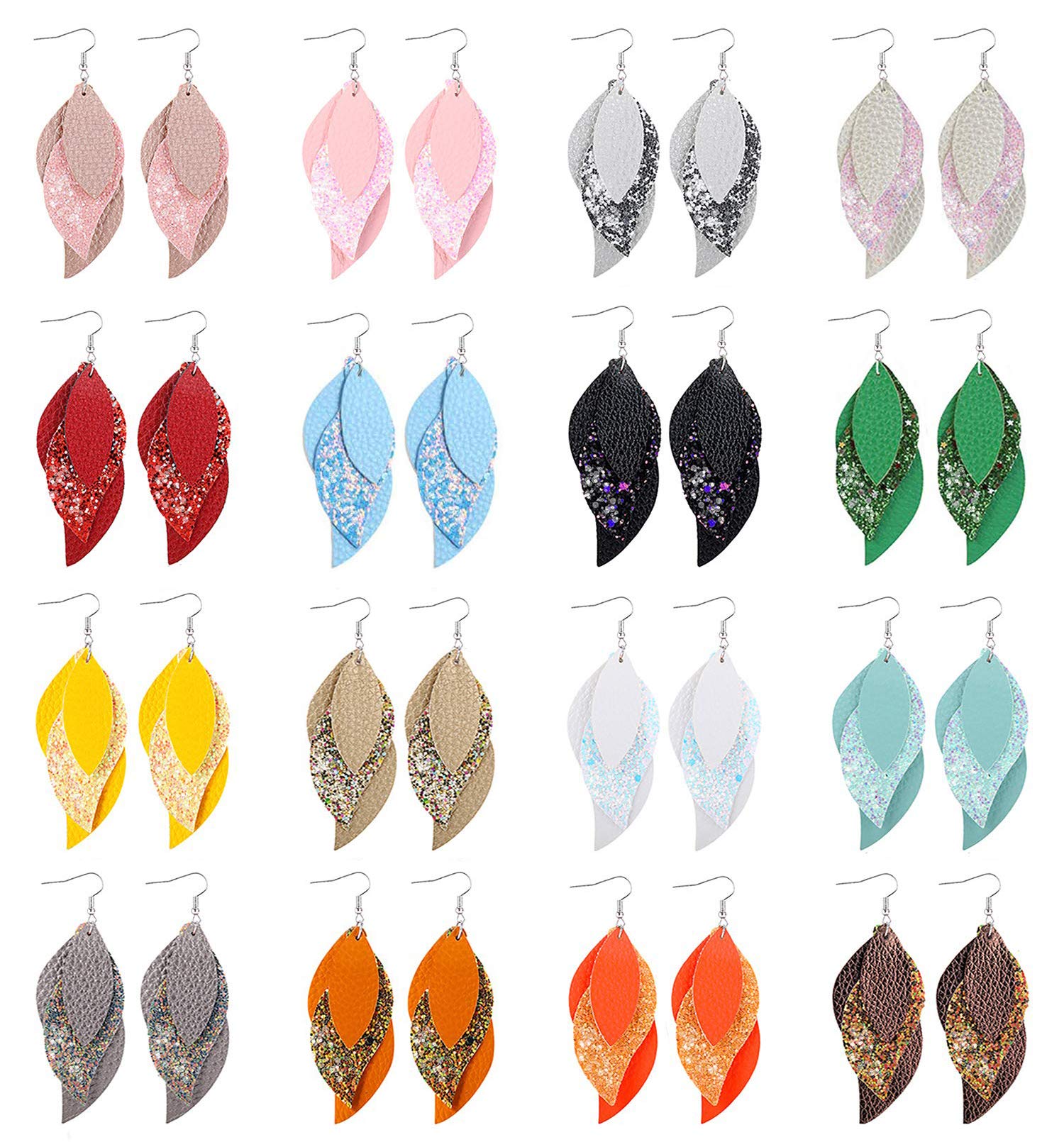 Honsny 16 Pairs Lightweight Leather Earrings for Women 3 Layered Faux Leather Leaf Earrings S Design Drop Dangle Earring Set