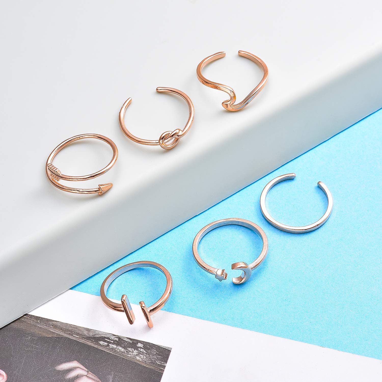 Honsny 6PCS Adjustable Rings for Women,14K Gold Silver Stackable Finger Rings Pack Arrow Knot Knuckle Rings Set Cute Rings for Teen Women