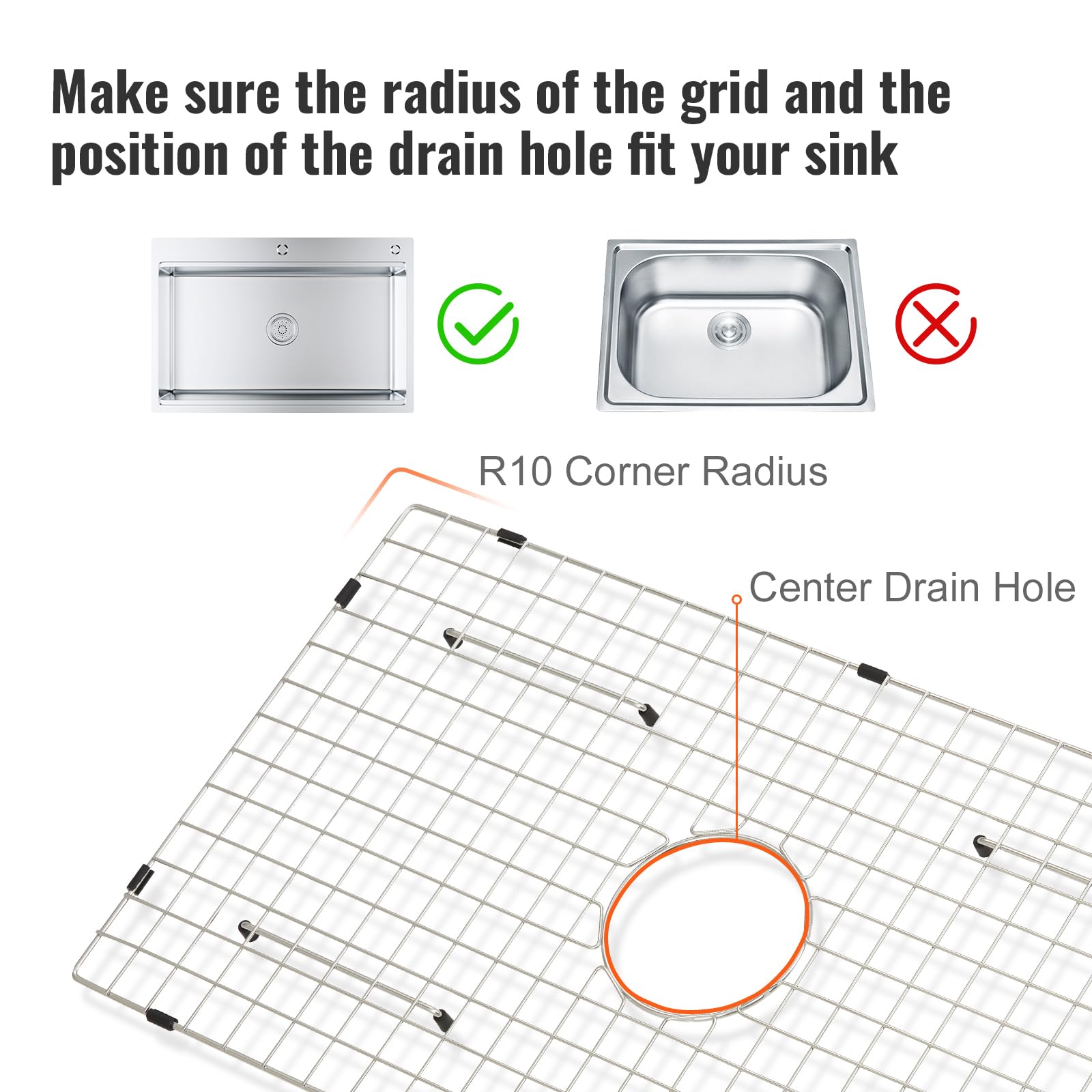 VEVOR Sink Protector Grid, 26"x14" Stainless Steel Sink Grates, Centered Drain Sink Grates with R90 Corner Radius, Large Sink Bottom Grids, Universal Bowl Rack Sink Accessory For Kitchen Sink, Silver