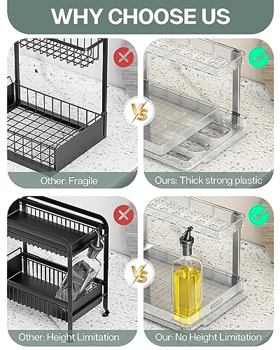 Under Sink Organizer and Storage with Under Sink Tray, 2 Tier Sliding Under Sink Shelf, L Shaped Pull Out Cabinet Basket Organizer, Slide Out Organizer Rack for Bathroom, Kitchen, 2 Pack, Clear