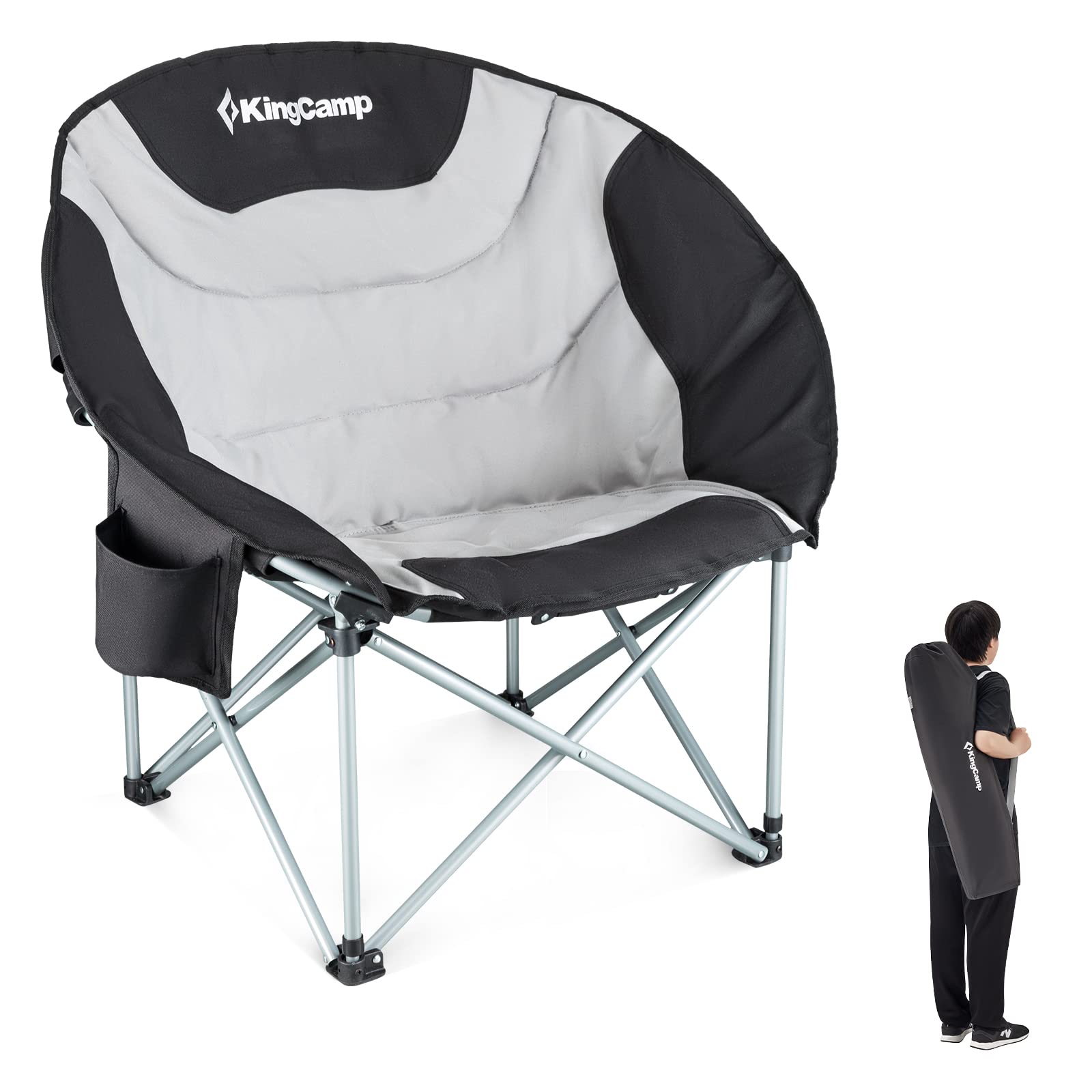 KingCamp Oversize Camping Folding Sofa Chair Padded Seat with Cooler Bag and Armrest Cup Holder, Black&Dark Gray (Camouflage)
