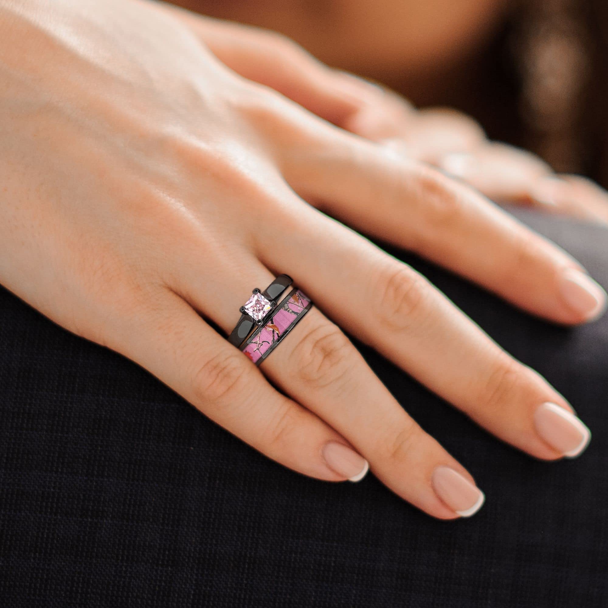 His & Hers Pink Women`s & Men`s Black Titanium Camo and Stainless Steel Princess Engagement Wedding Rings Set (Size His 12, Hers 07)