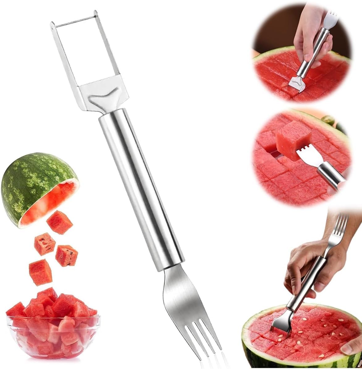 Upgraded 2-in-1 Stainless Steel Fruit CutterïŒ2024 Newest Watermelon Slicer Watermelon Cutter Melon Cutter ToolïŒDual Head Fruit Forks Slicer Watermelon Cutter Tool, Summer Fruit Cutting Fork for Home