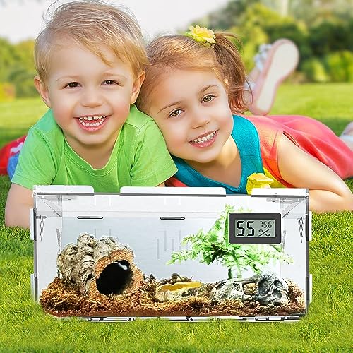 Reptile Terrariums, with Temperature Hygrometer, 11.8"x7.9"x5.9" Acrylic Reptile Breeding Box Terrarium Cage Tank for Small Reptile Insect Home Office