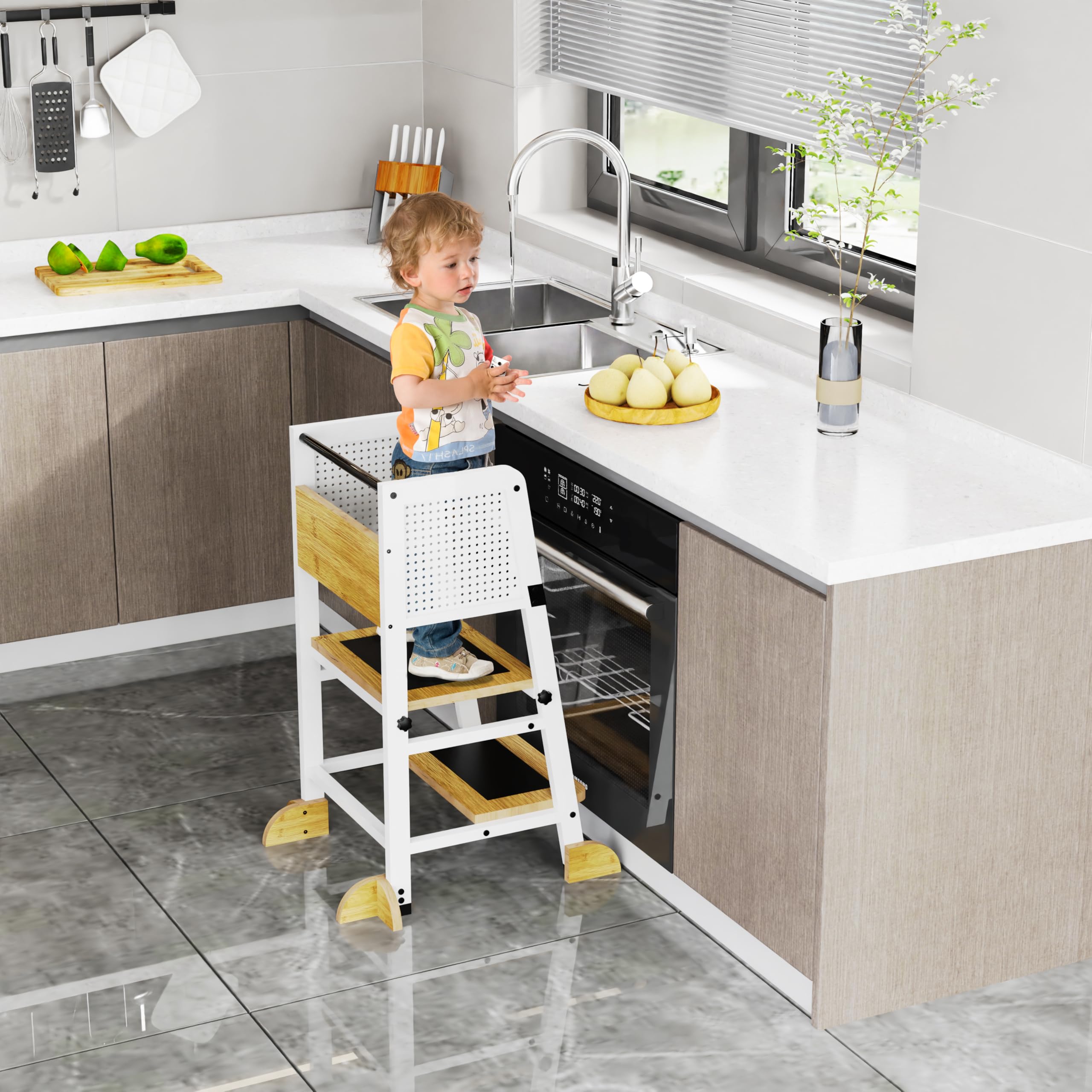 YAKANJ Toddler Standing Tower,Toddler Kitchen Stool Helper,Step Stool for Toddler Kids,Wooden Standing Tower with Adjustable Height,Anti-Slip Protection,Safety Belt-Wood
