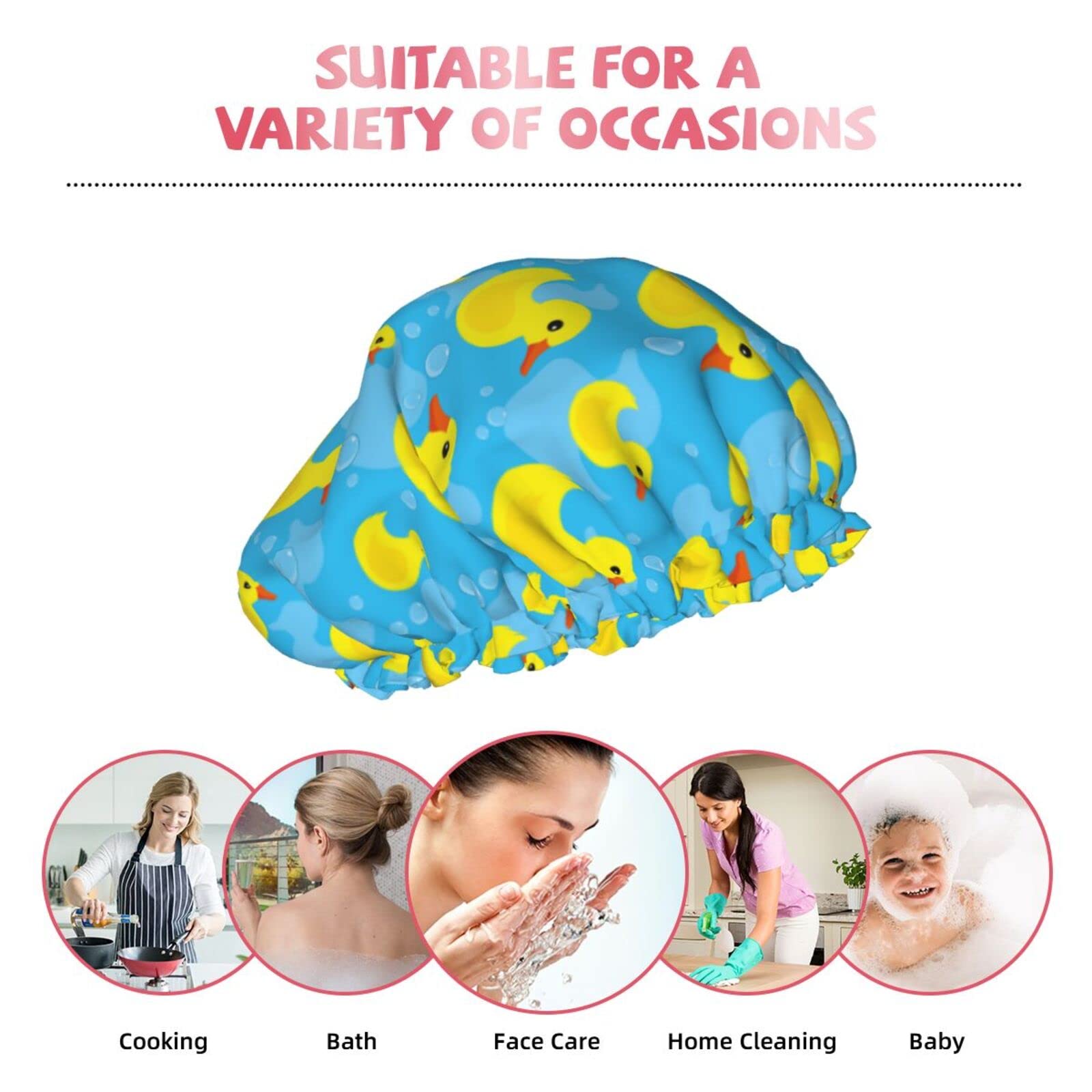 Rubber Duck Shower Cap for Women Reusable Double Layers Waterproof Shower Hair Protector PEVA Lined Shower Hat for All Long Hair Lengths, Stretchy Adjustable Shower Caps