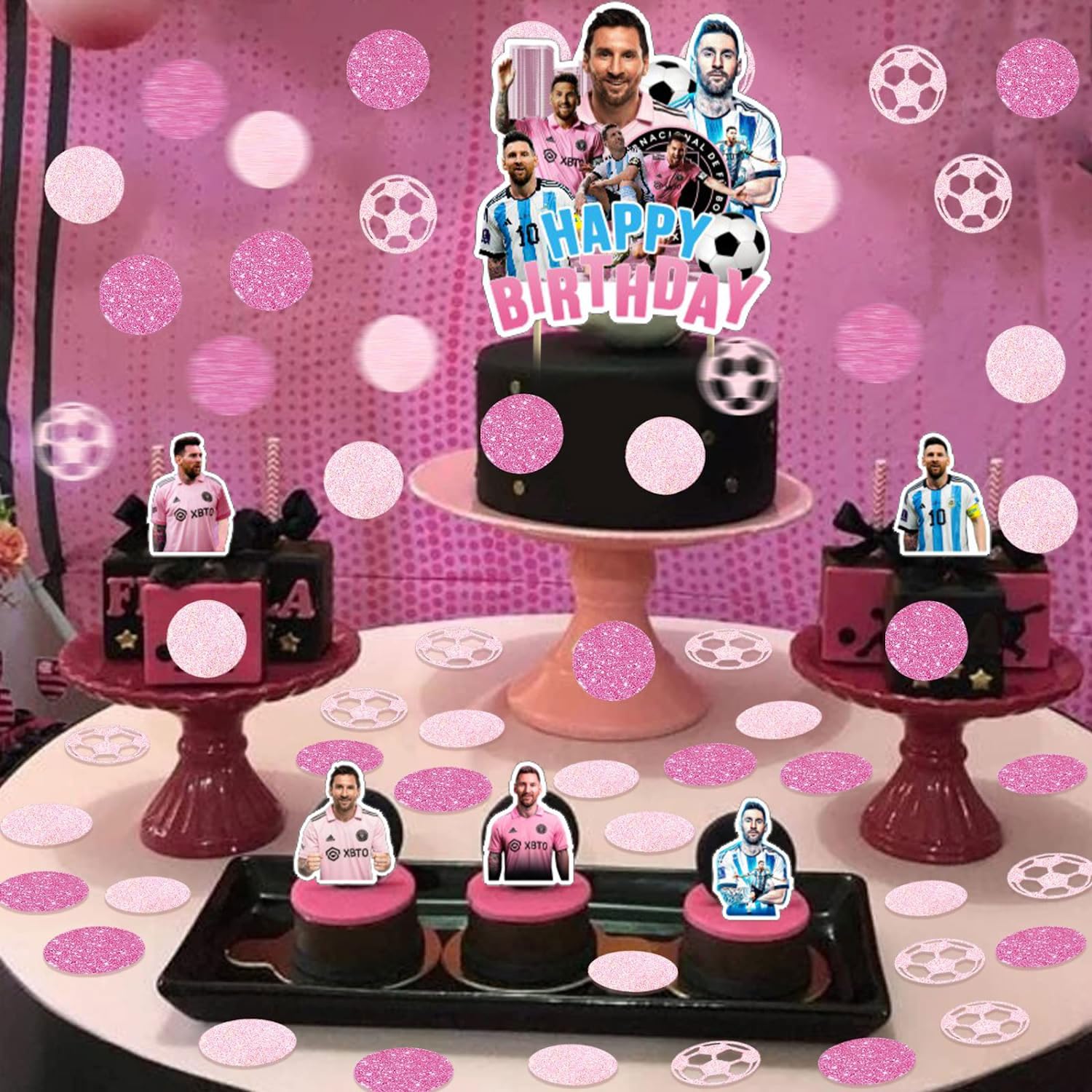 𝓜𝓮𝓼𝓼𝓲 𝓜𝓲𝓪𝓶𝓲 birthday party decoration supplies, 𝓜𝓮𝓼𝓼𝓲 𝓜𝓲𝓪𝓶𝓲 Soccer themed birthday party supplies include cupcake decoration, cake decoration, banners, balloons.