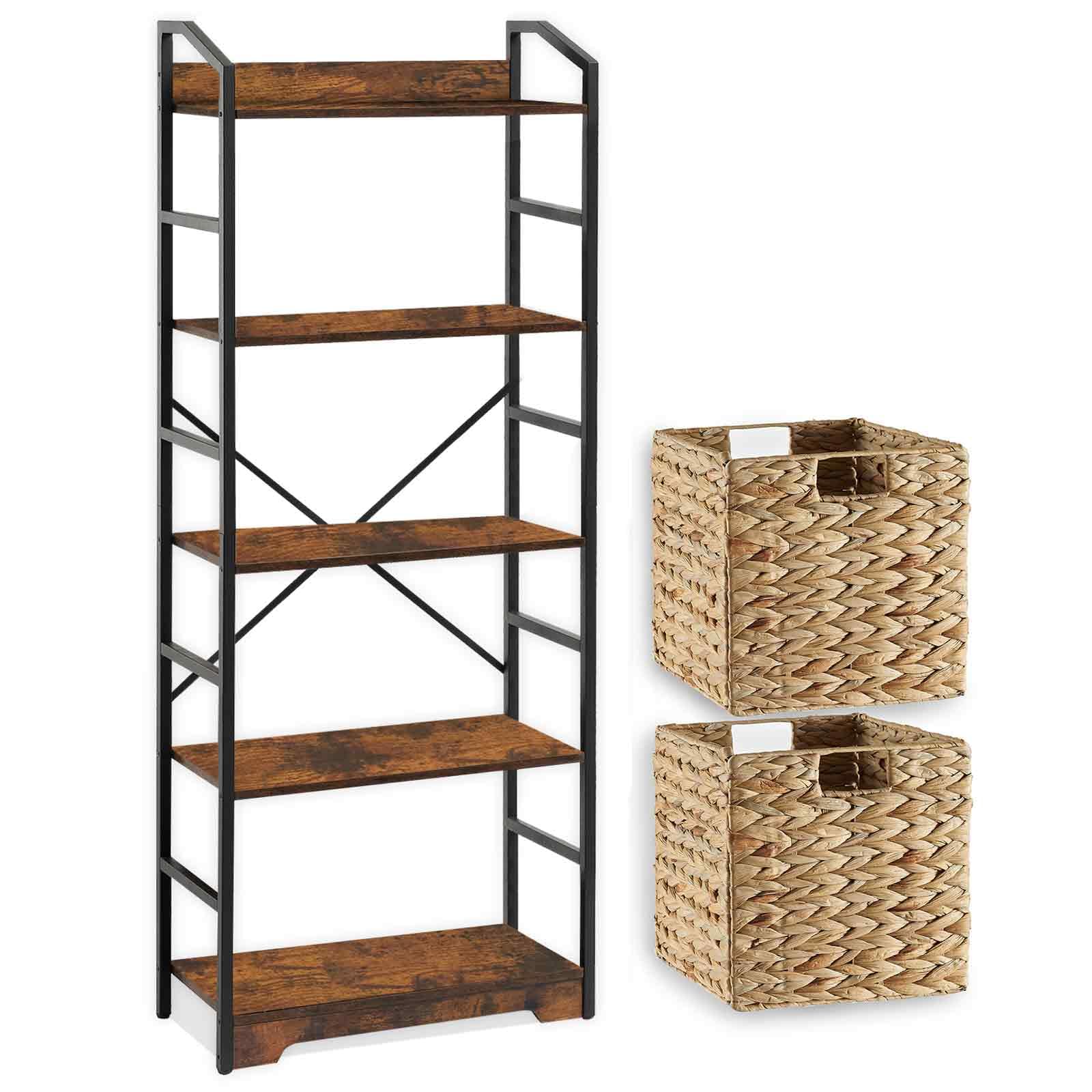 Vagusicc 5 Tier Bookshelf with 2 Storage Baskets, Tall Bookcase Shelf Storage Organizer Wood Book Shelf, Modern Shelf Rack Shelves with Steel Frame, Multipurpose Bookshelf for Bedroom Living Room
