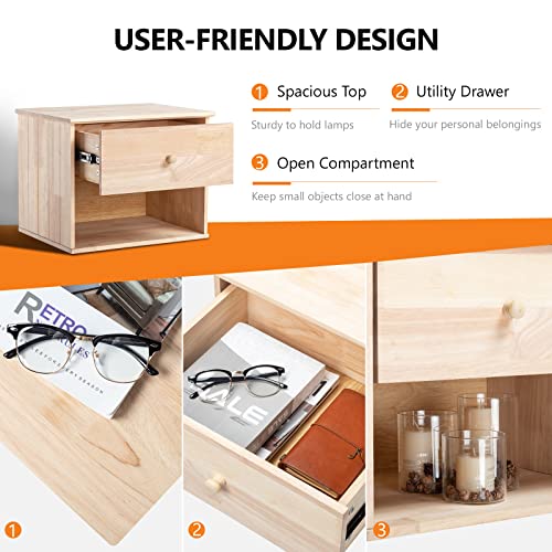 VINGLI Unfinished Natural Solid Wood Floating Nightstand for Bedroom Set of 2, Small Nightstand with Drawer & Open Shelf, Farmhouse Night Stand Wall-Mounted Bedside Table for Small Space Color DIY