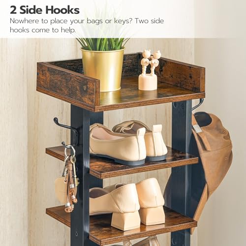HOOBRO Vertical Shoe Rack, 9 Tier Shoe Storage Organizer with Hooks, Narrow Shoe Rack for 9 Pairs, Space Saving, Stable and Strong, for Entryway, Closet, Bedroom, Rustic Brown BF81XJ01