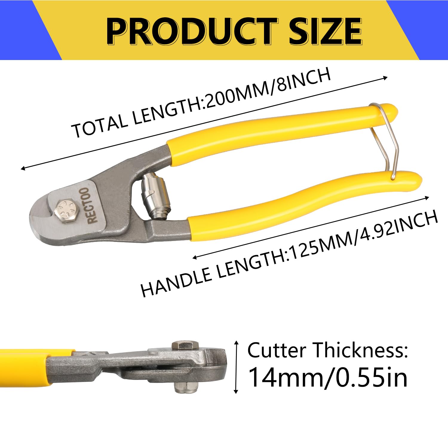 RECTOO Cable Wire Cutters (RT02), Forged from Heavy Duty Stainless Steel metal, 8 Inch small Wire Rope Cutter Tool upto 1/4" for stainless steel wire rope, bike brake cable, railing cable