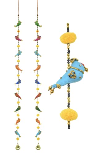 Set of 2 Traditional Handmade Colorful Pompom Bird Tota Wall Door Hangings Latkan Décor for Home Offices Hotel and Gifting (Small Bird)