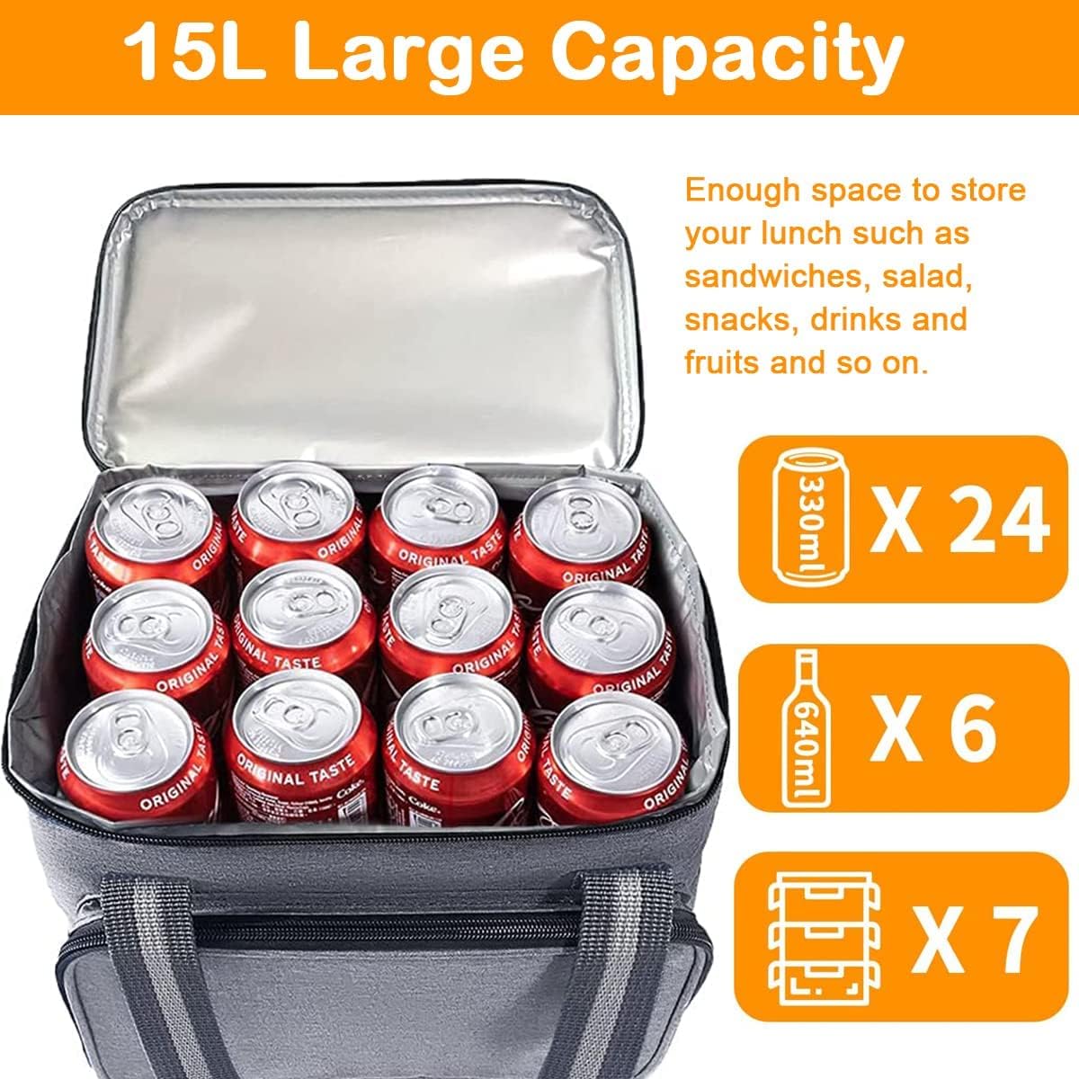 Insulated Cooler Bag for 24Can (14L) Reusable Thermal Bag Leakproof Freezable Cooler Bag Organizer with Adjustable Shoulder Strap for Women Men Office Work Picnic Hiking Beach, Grey