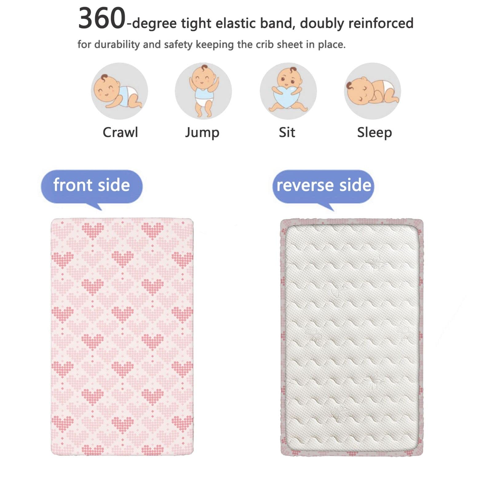 Valentine's Day Themed Fitted Mini Crib Sheets,Portable Mini Crib Sheets Soft and Breathable Bed Sheets-Great for Boy or Girl Room or Nursery,24“ x38“,Pastel Pink and Rose