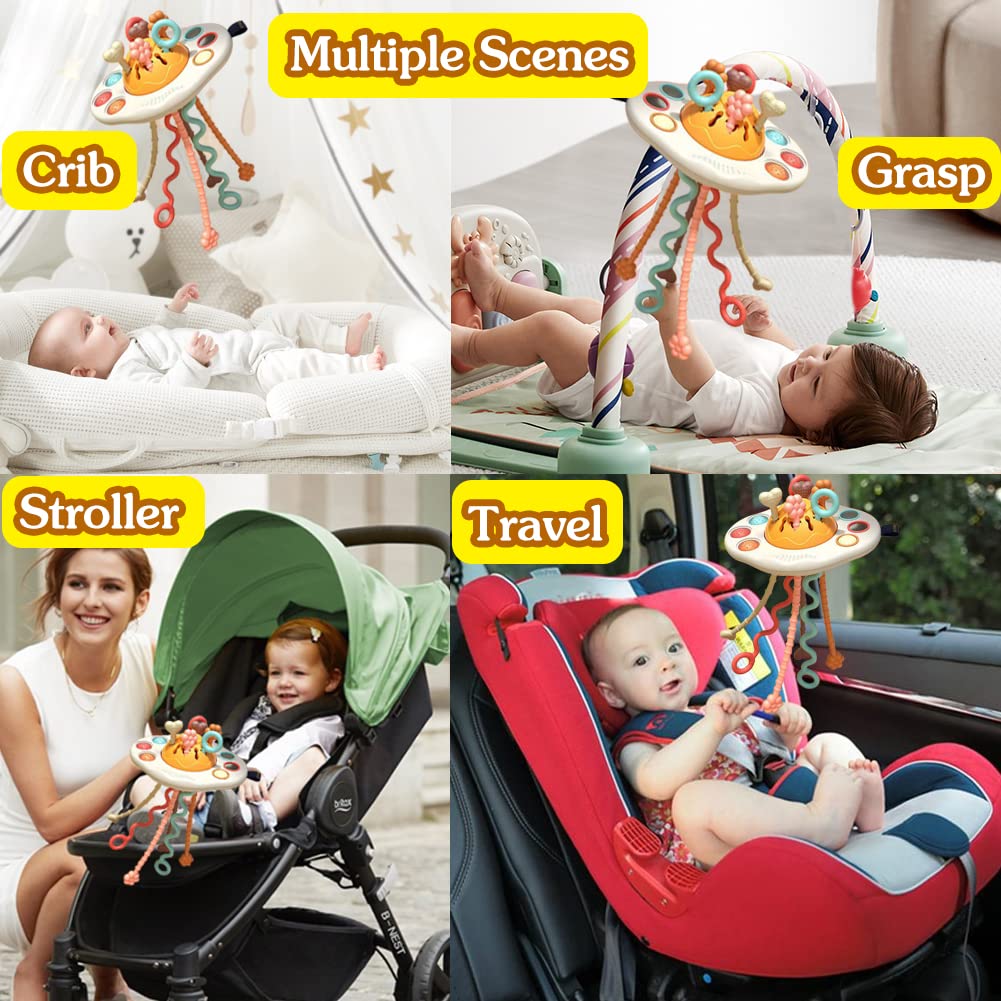 Silicone Pull String Interactive Toy,Toddlers Montessori Toys Interactive Learning Sensory Development,UFO Travel Toy for Baby 18+ Months, Food Grade Silicone Fine Motor Skills Toys