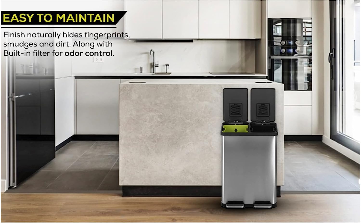 SIMPLI-MAGIC 60 Liter / 16 Gallon Rectangular Hands-Free Dual Compartment Recycling Kitchen Step Trash Can with Soft-Close Lid, Brushed Stainless Steel