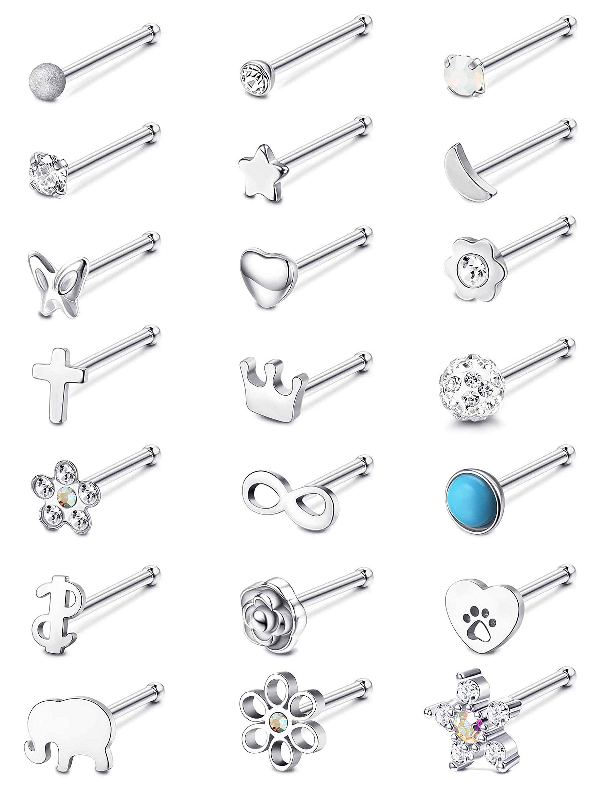 Magitaco 20G 21Pcs Nose Rings Studs Stainless Steel Bone L Screw Shaped Nose Piercing Jewelry for Women Men