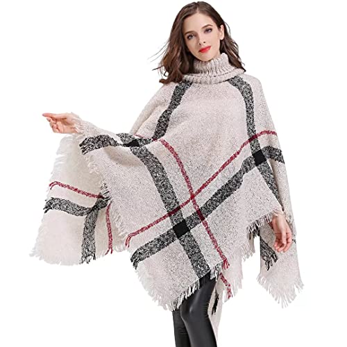 HITOP Womens Dress Ponchos, Boho Loose Tassel Plaid Poncho Turtleneck Jumper Knit Oversized Pullover Sweater Tops for Women Beige